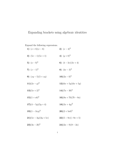 Expanding brackets using algebraic identities worksheet no 2 (with ...