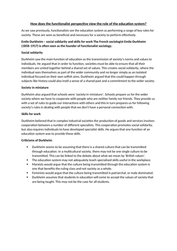 Functionalist views on Education AQA Sociology | Teaching Resources
