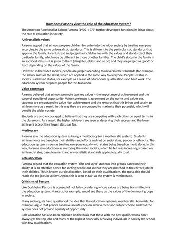 Functionalist views on Education AQA Sociology | Teaching Resources