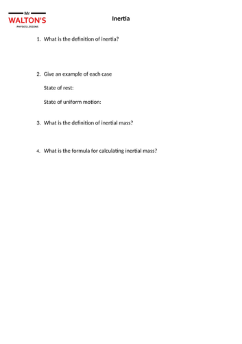 Inertia and Inertial Mass worksheet and video | Teaching Resources