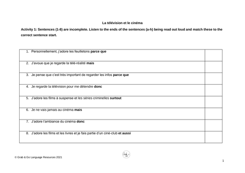 La télévision et le cinéma French - Higher Beginners/Elementary / GCSE ...