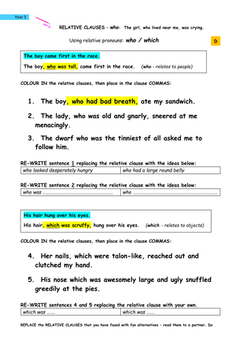 English Grammar - RELATIVE CLAUSES (using: who, which) KS2 | Teaching ...