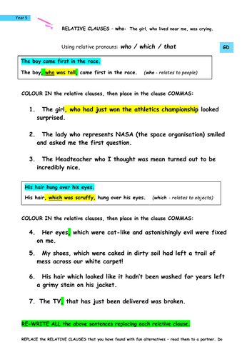 English Grammar - RELATIVE CLAUSES (using: who, which) KS2 | Teaching ...