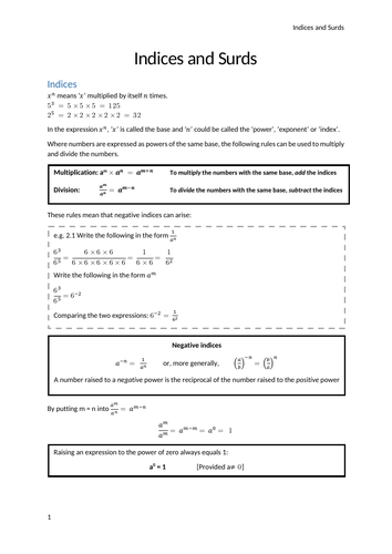 Indices and Surds (Year 1 A Level Maths): class notes + questions and ...