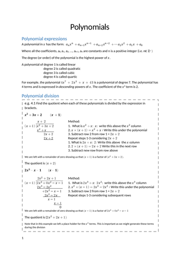 Polynomials (Year 1 A Level Maths): class notes + questions and answers ...