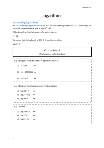Logarithms (Year 1 A Level Maths): class notes + questions and answers ...