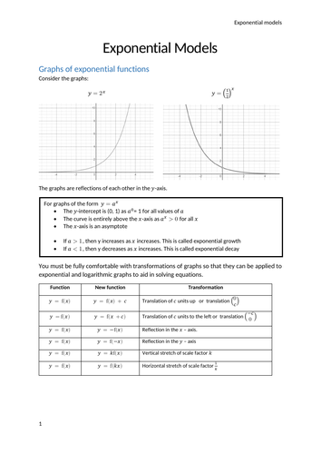 Exponential models (Year 1 A Level Maths): class notes + questions and ...