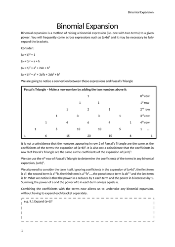 Binomial Expansion (Year 1 A Level Maths): class notes + questions and ...