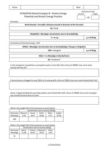 KS4 GCSE Physics EDEXCEL CP3/SP3 Conservation of Energy - 23WS and 18MS ...