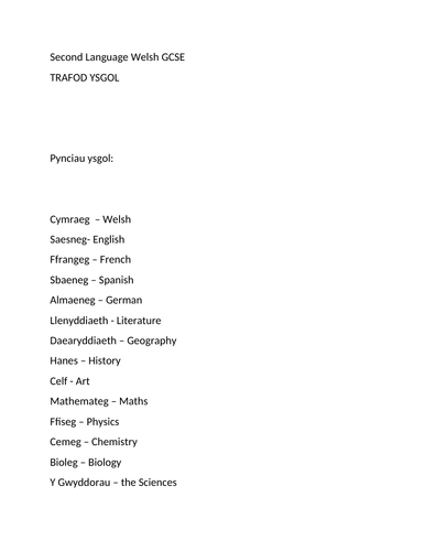 TGAU AIL IAITH GYMRAEG taflen trafod pynciau ysgol second language ...