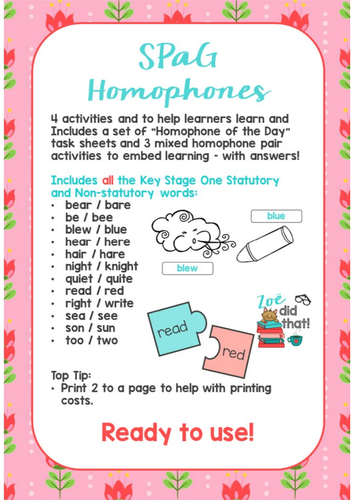 Homophone of the day PLUS mixed activities: KS1 | Teaching Resources