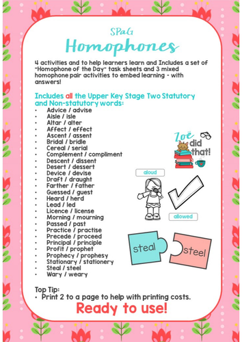 Homophone of the Day PLUS mixed activities: UKS2 | Teaching Resources