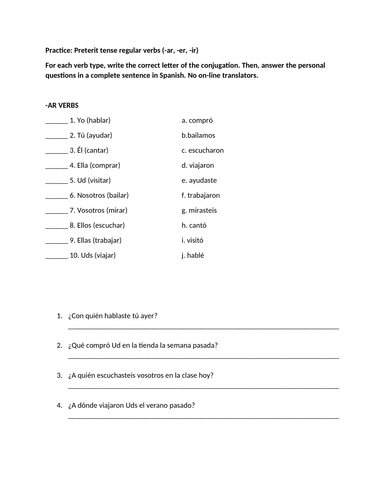 Regular preterit verbs practice | Teaching Resources