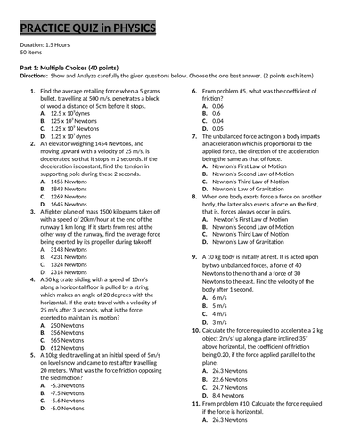 Practice Quiz In Physics. | Teaching Resources