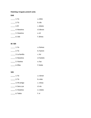 Irregular preterit all verbs matching practice | Teaching Resources