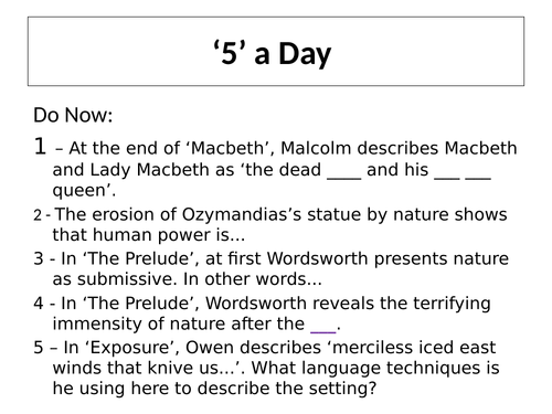 English Language and Literature Do Now / Starter Activities | Teaching ...