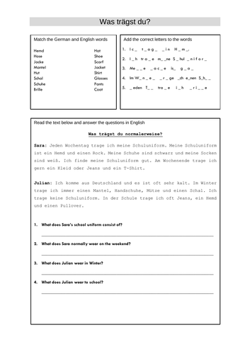 German Clothing Vocabulary Worksheet | Teaching Resources