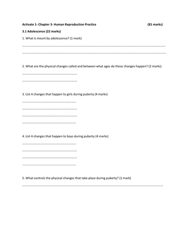 KS3- Year 7 Science-Human Reproduction- Worksheet and Mark scheme ...