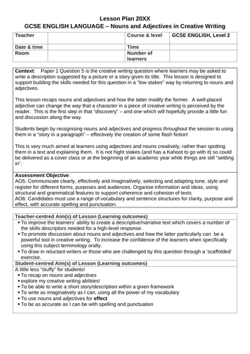 GCSE English: Nouns & Adjectives in Creative Writing | Teaching Resources