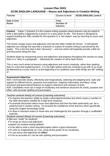 GCSE English: Nouns & Adjectives in Creative Writing | Teaching Resources