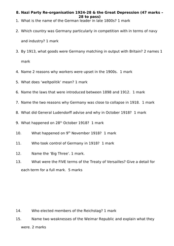 AQA GCSE Germany 1890-1945 Knowledge Tests | Teaching Resources