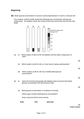 AQA GCSE Science - Diabetes | Teaching Resources