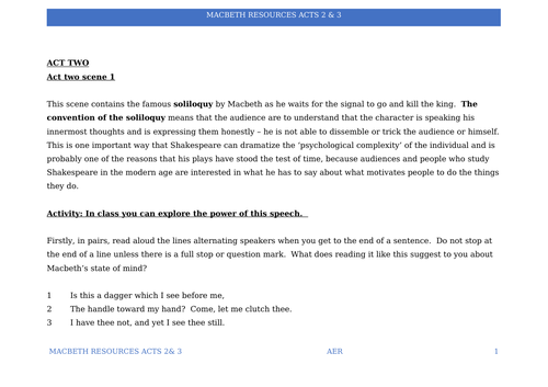Macbeth Resources Acts 2 and 3 | Teaching Resources
