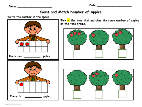 Apples Counting and Matching to 20 Tens Frame Worksheets Activities ...
