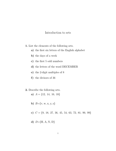 Introduction to sets worksheet (with solutions) | Teaching Resources