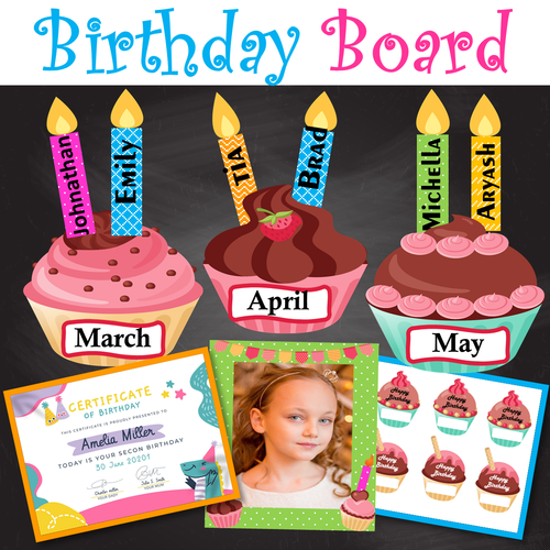 Birthday Cupcake Bulletin Board | Birthday Certificate& Frame ...