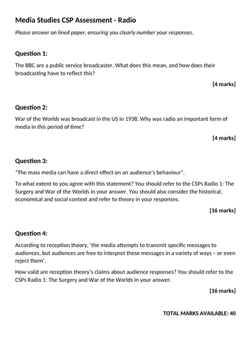 AQA A Level Media Studies SOW War of the Worlds CSP | Teaching Resources