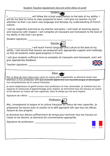 Student Teacher Agreement (English & French) | Teaching Resources