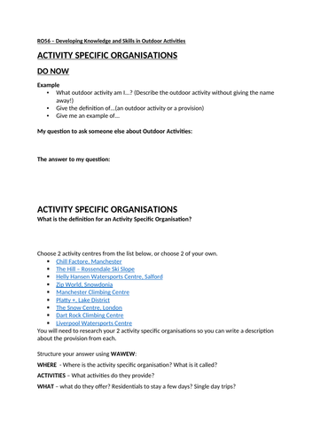 OCR Sports Studies R056 Outdoor Activities LO1-LO5 | Teaching Resources
