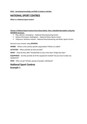 OCR Sports Studies R056 Outdoor Activities LO1-LO5 | Teaching Resources