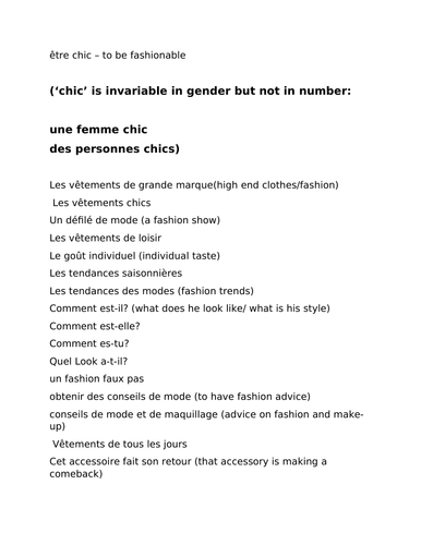A level French vocabulary builder - discussing fashion/ LA MODE ...