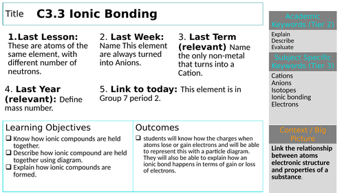 KS4 GCSE C3.3 Ionic Bonding (2021) S.T.A.R | Teaching Resources