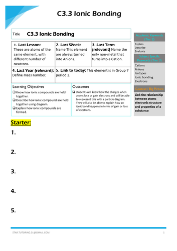 KS4 GCSE C3.3 Ionic Bonding (2021) S.T.A.R | Teaching Resources