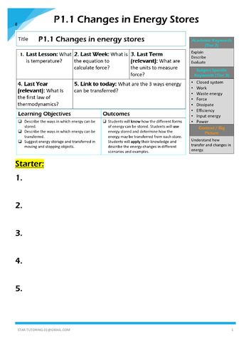 KS4 GCSE P1.1 Changes in Energy Stores (2021) S.T.A.R. | Teaching Resources