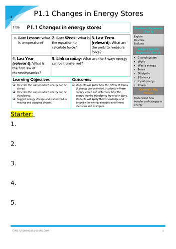 KS4 GCSE P1.1 Changes in Energy Stores (2021) S.T.A.R. | Teaching Resources