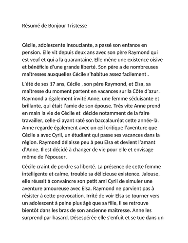 Résumé de Bonjour Tristesse ; with vocabulary A LEVEL FRENCH | Teaching ...