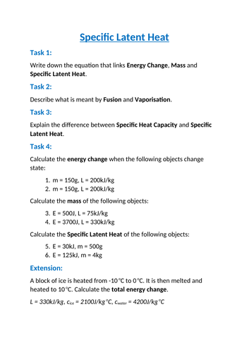 Latent Heat Worksheet GCSE Physics | Teaching Resources