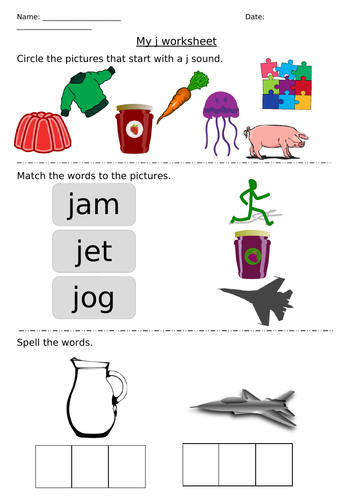 Differentiated Phonics Worksheets - j sound | Teaching Resources