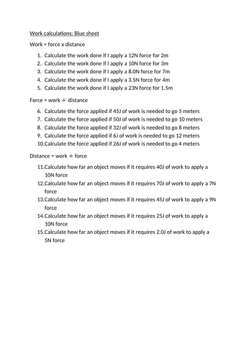 Work, force and distance 5 level differentiated worksheet | Teaching ...