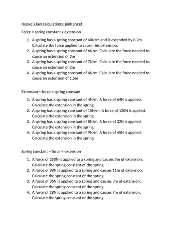 Hooke's law (F=ke) 5 level differentiated worksheet | Teaching Resources