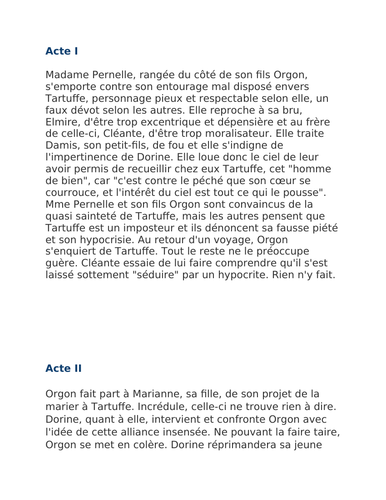 A LEVEL FRENCH LITERARY TEXT; full synopsis in French of Le Tartuffe ...