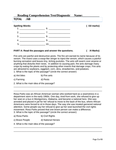 Reading Comprehension Diagnostic/Test with Indefinite Pronouns, Gerunds ...
