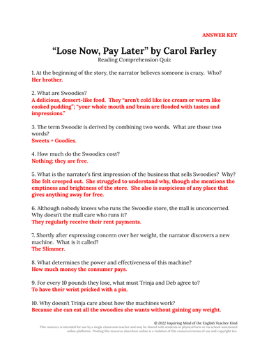 "Lose Now, Pay Later" by Carol Farley Quiz and Answer Key | Teaching ...