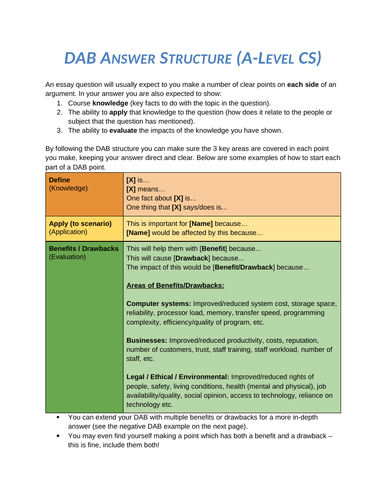 DAB Essay Question Answer Structure | Teaching Resources