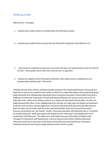 Albert Camus : L’étranger : A level French revision- exam questions ...