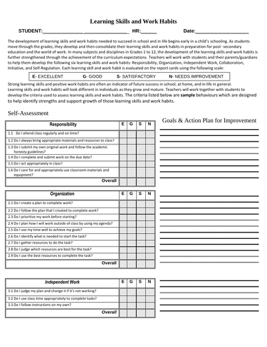 Learning Skills and Work Habits Checklist PDF Very well Organized ...